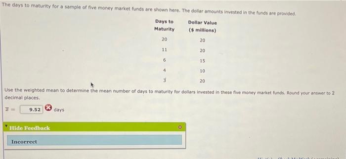 Solved The days to maturity for a sample of five money | Chegg.com