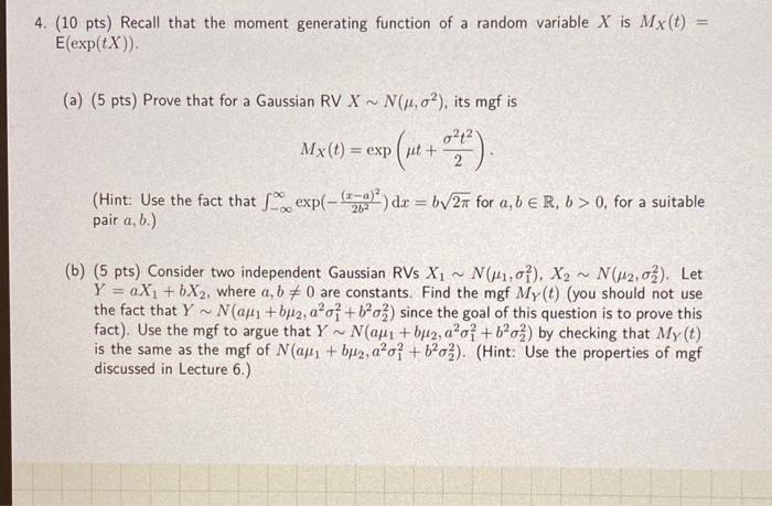 Solved (10 pts) Recall that the moment generating function | Chegg.com