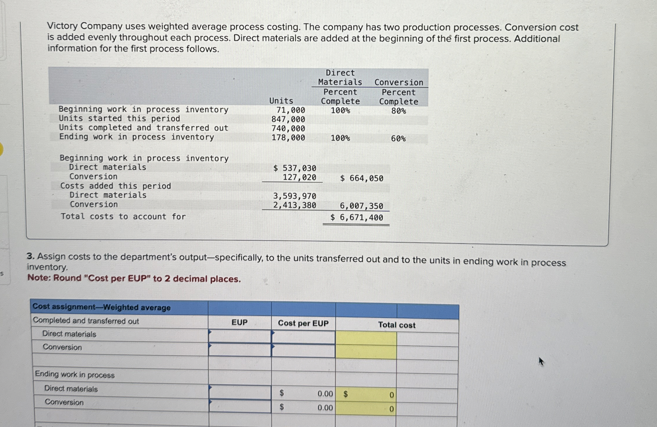 Solved Victory Company uses weighted average process | Chegg.com