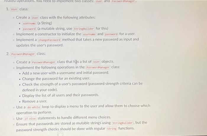 Solved 1. User class: • Create a user class with the | Chegg.com