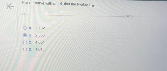 Solved K For a t-curve with df = 4, find the t-value to.05. | Chegg.com