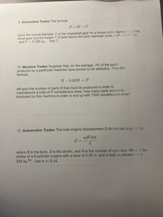 Solved 5. Automotive Trades The formula P+2T=C gives the | Chegg.com