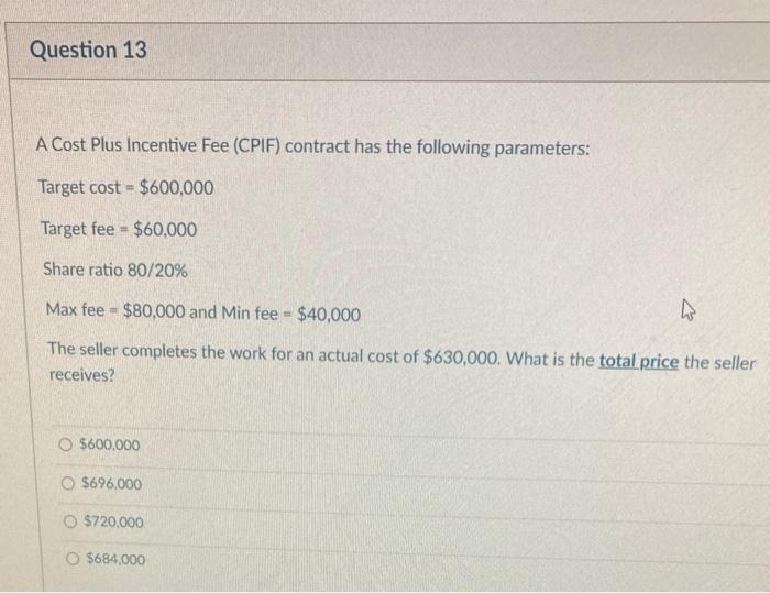 Solved Question 13 A Cost Plus Incentive Fee (CPIF) contract | Chegg.com