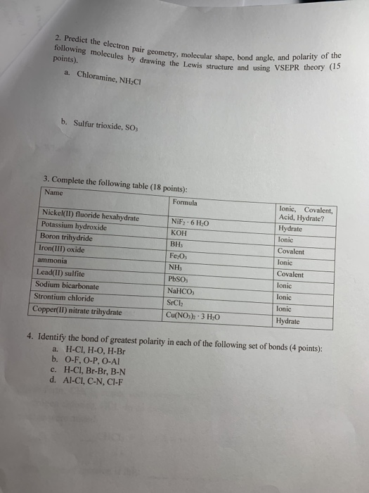 Solved 2. Predict the electron pair geometry, molec | Chegg.com
