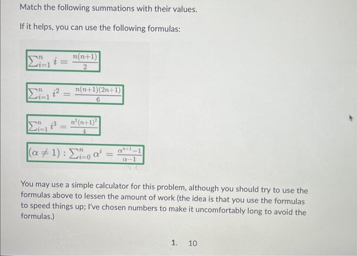 Solved Match the following summations with their values. If | Chegg.com