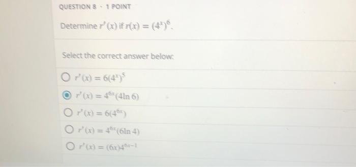 Solved Determine r′(x) if r(x)=(4x)6. Select the correct | Chegg.com