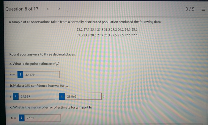 Solved Question 8 of 17 0/5 A sample of 18 observations | Chegg.com