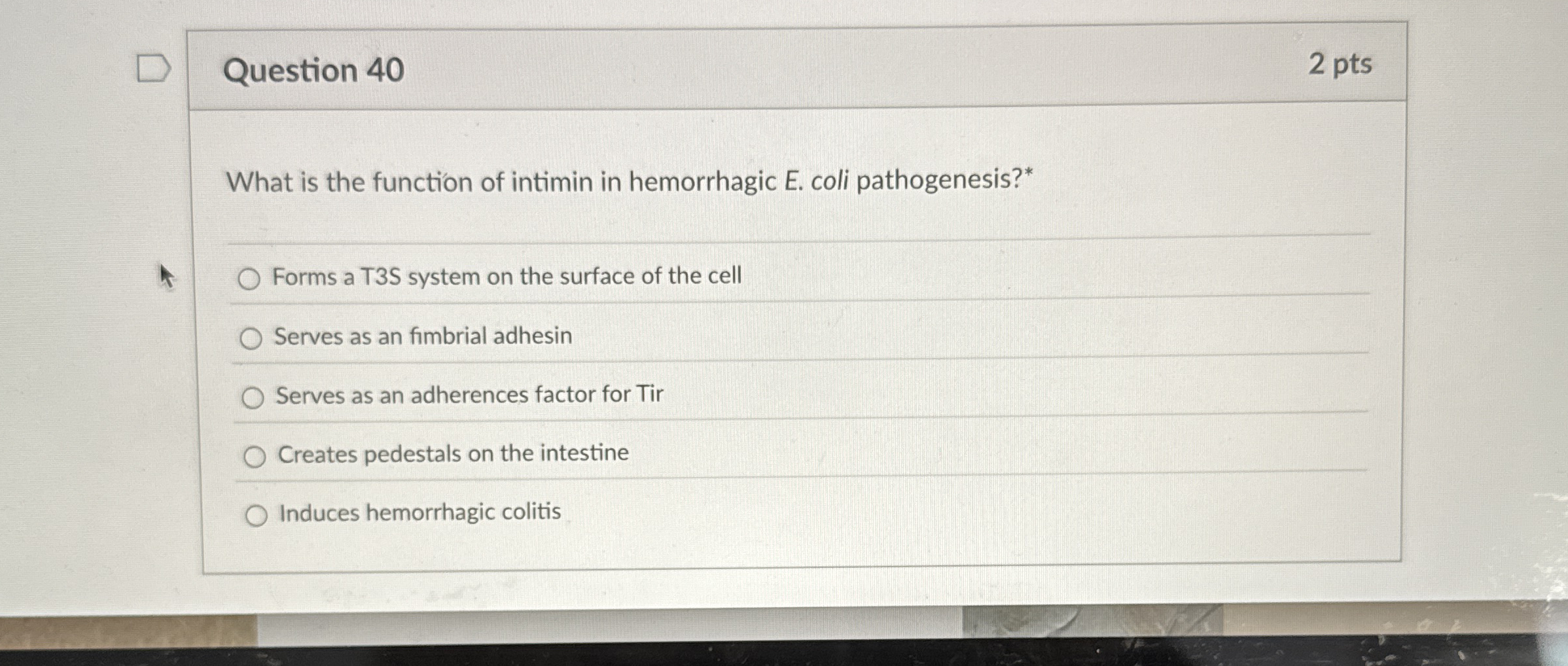 Solved Question 402 ﻿ptsWhat is the function of intimin in | Chegg.com