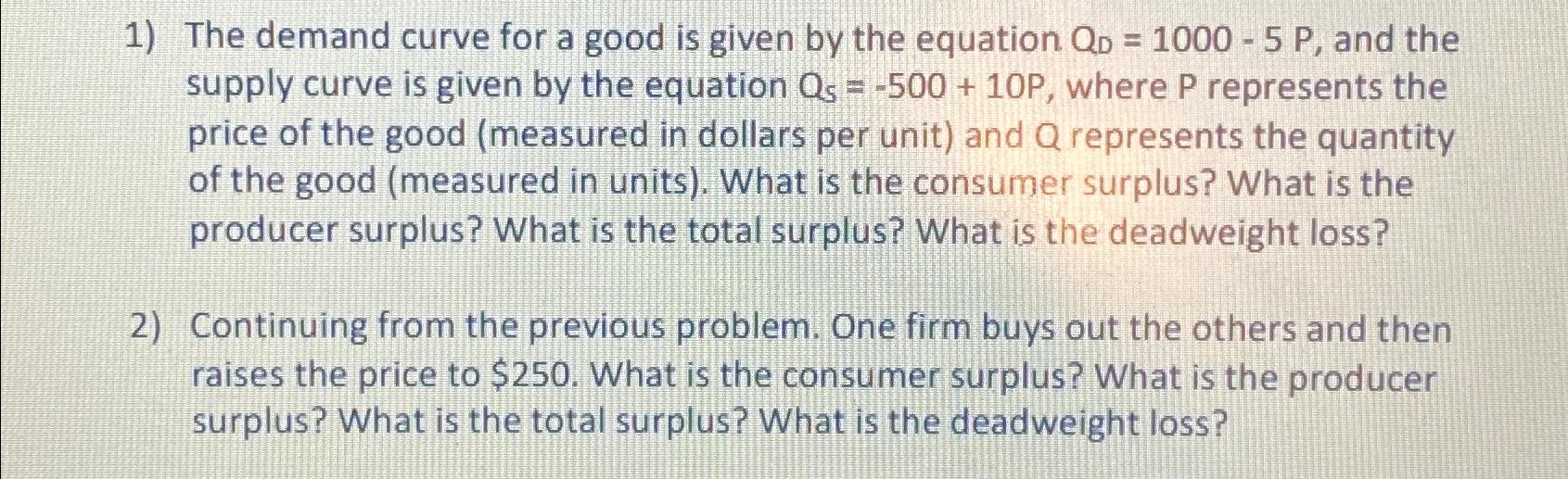Solved The demand curve for a good is given by the equation | Chegg.com