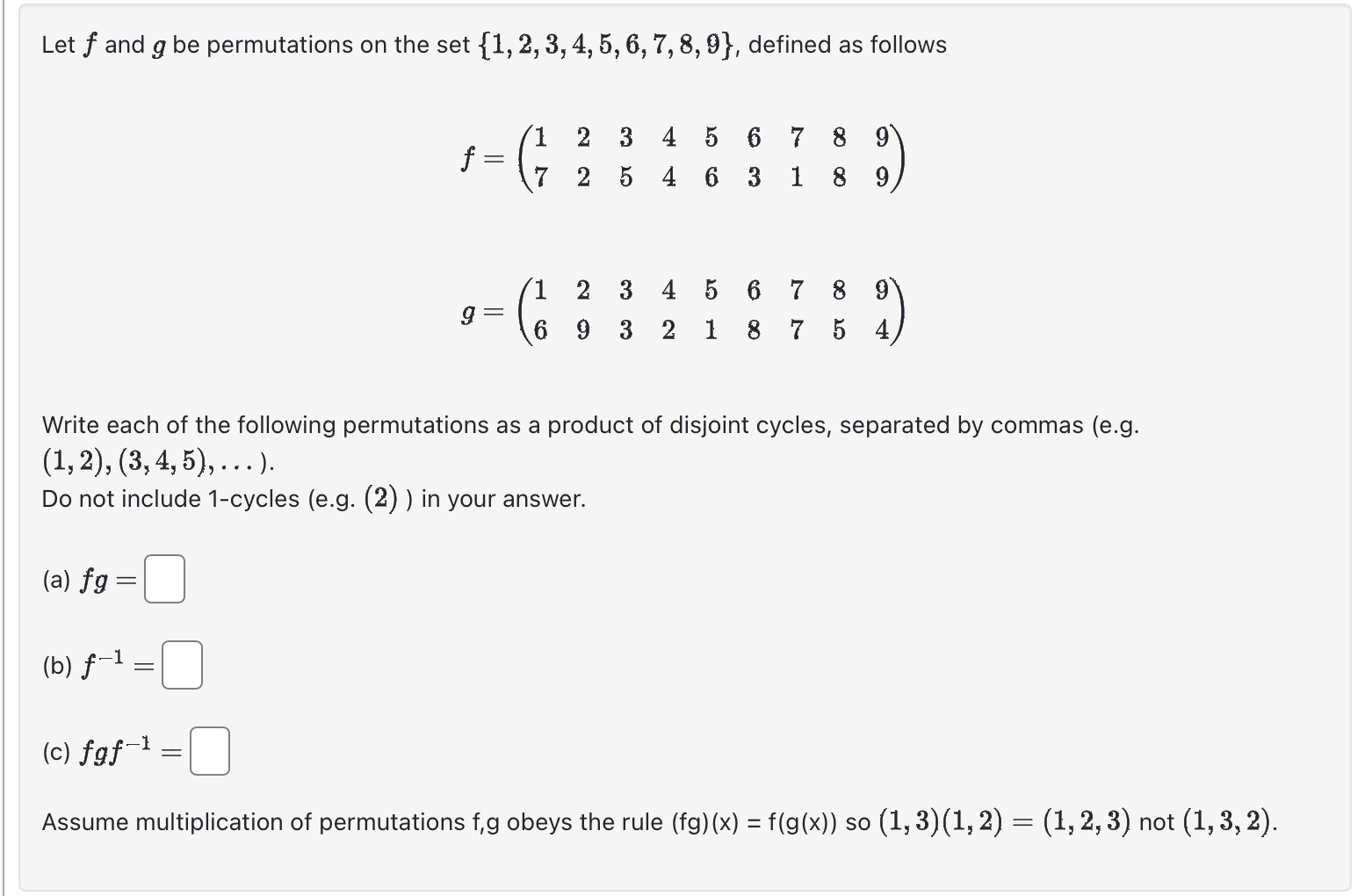 Solved Let f ﻿and g ﻿be permutations on the set | Chegg.com