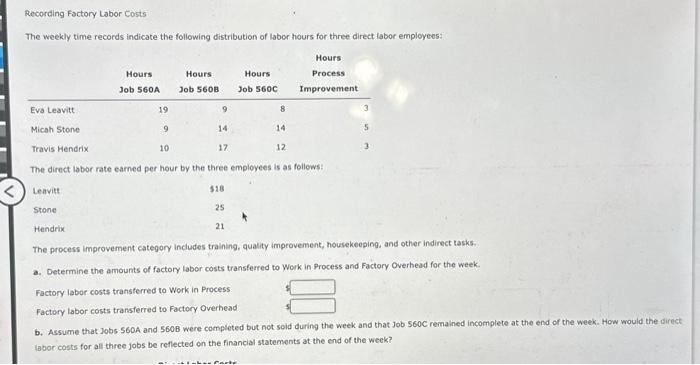 Solved Recording Factory Labor Costs The weekly time records | Chegg.com
