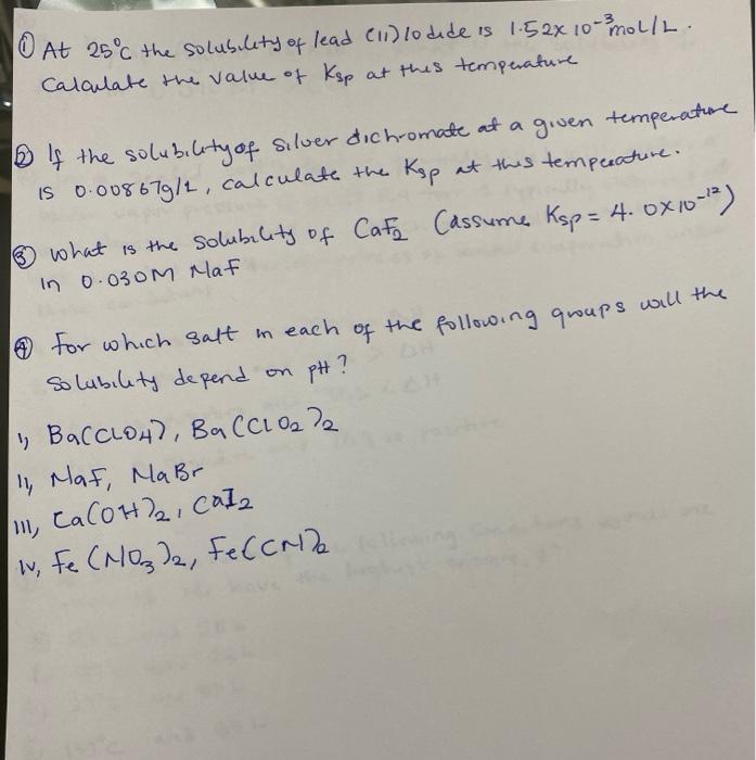 Solved At 25°c the solubility of lead cli) lo dide is 1.52x | Chegg.com