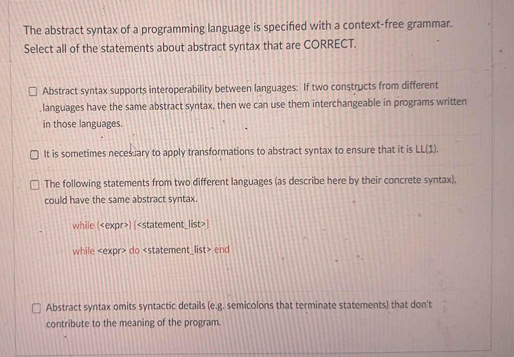 Solved The abstract syntax of a programming language is | Chegg.com