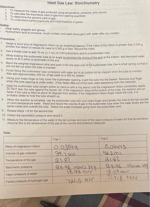 Solved Ideal Gas Law: Stoichiometry Objectives: 1 To measure | Chegg.com