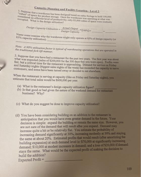Solved Capacity Planning and Facility Location level 2 1. | Chegg.com