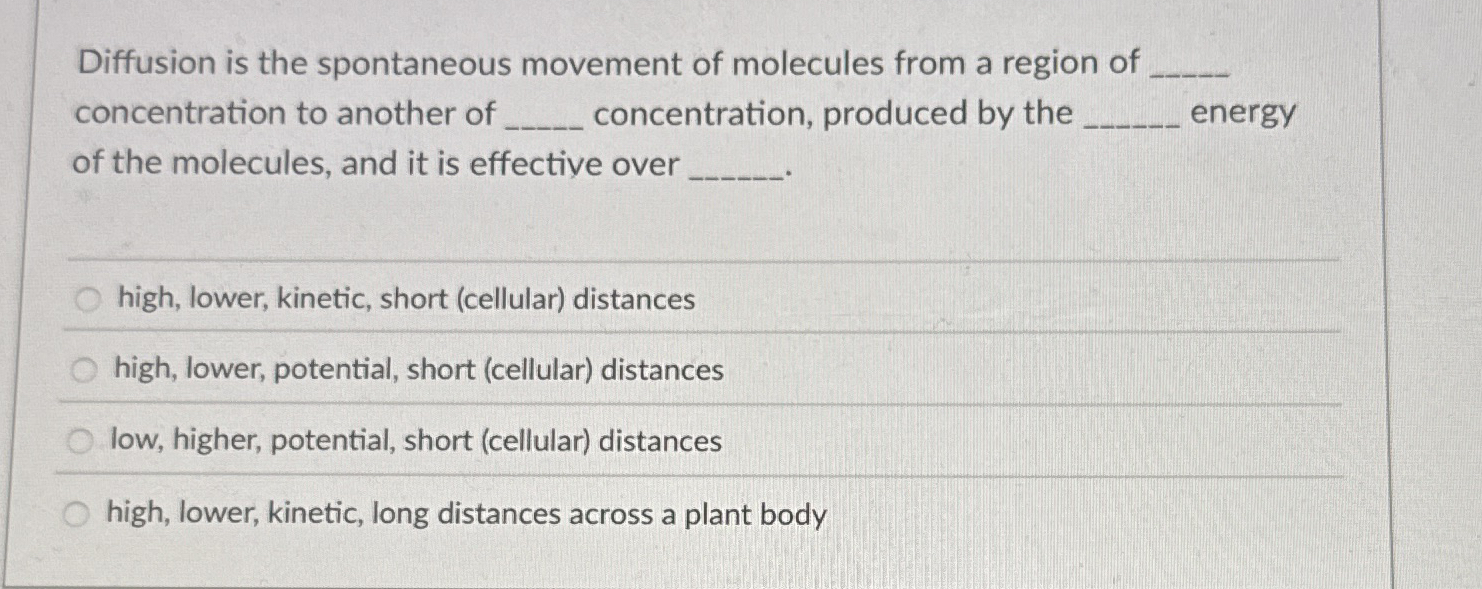 Solved Diffusion is the spontaneous movement of molecules | Chegg.com