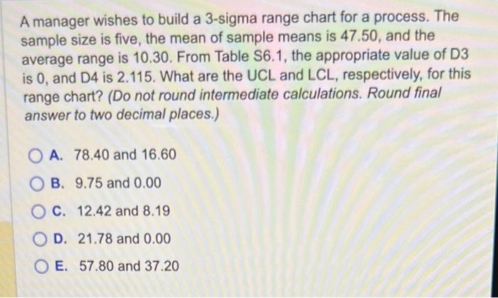 Solved A manager wishes to build a 3 -sigma range chart for | Chegg.com