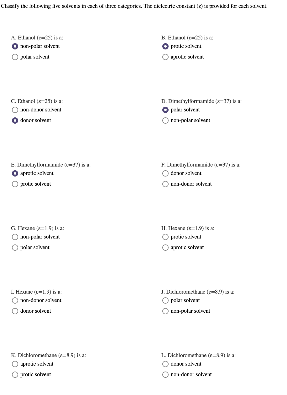 Solved Classify the following five solvents in ﻿each of | Chegg.com
