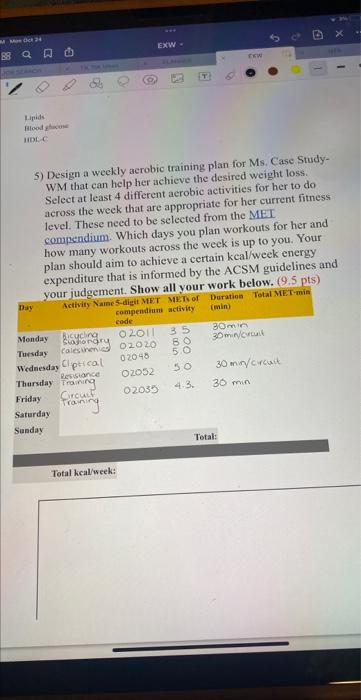 5) Design a weekly acrobic training plan for Ms. Case | Chegg.com