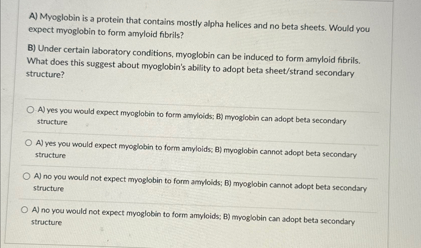 Solved A) ﻿Myoglobin is a protein that contains mostly alpha | Chegg.com
