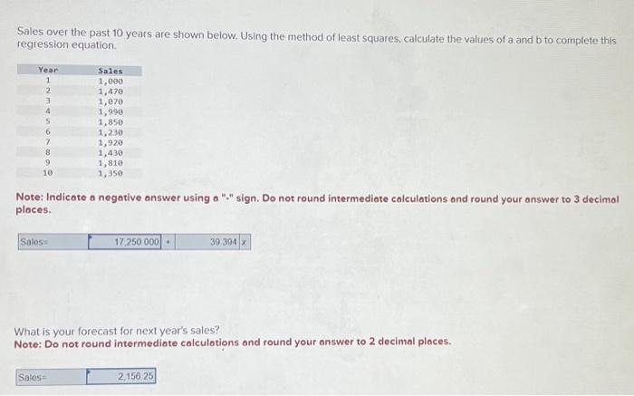 Solved Sales over the past 10 years are shown below. Using | Chegg.com