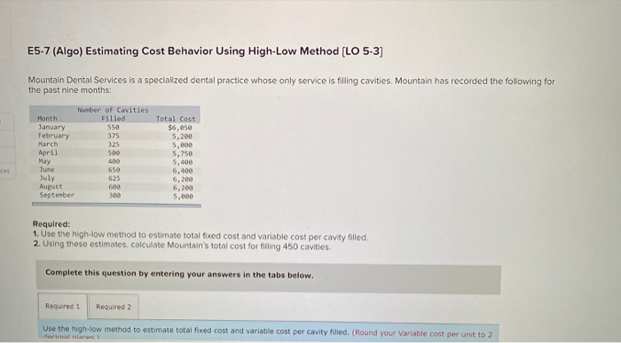 Solved E5-7 (Algo) Estimating Cost Behavior Using High-Low | Chegg.com