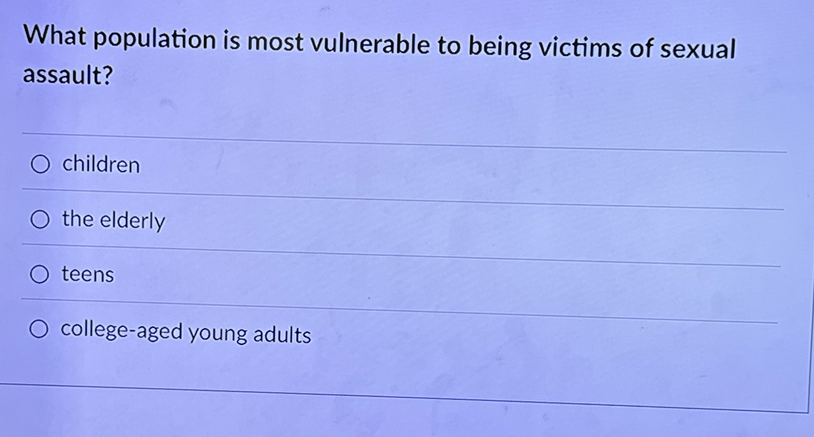 Solved What population is most vulnerable to being victims | Chegg.com