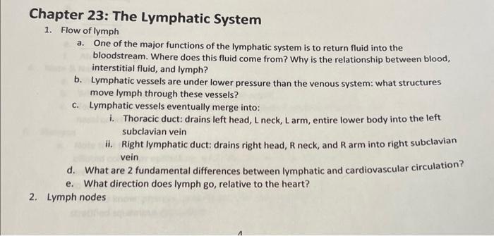 Solved Chapter 23: The Lymphatic System 1. Flow of lymph a. | Chegg.com