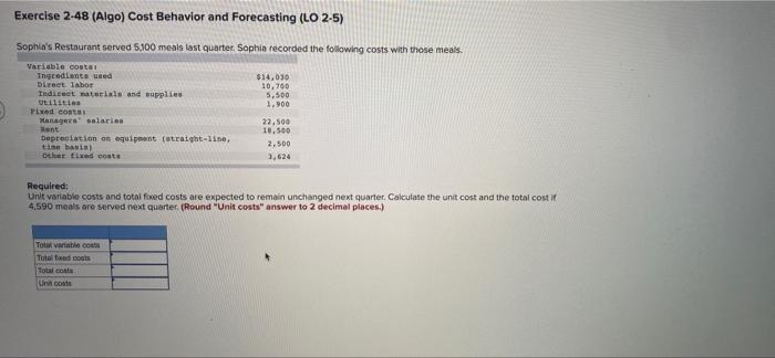 Solved Exercise 2.48 (Algo) Cost Behavior and Forecasting | Chegg.com