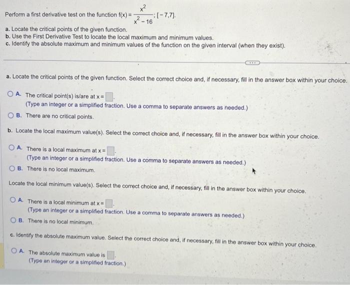 Solved Perform a first derivative test on the function | Chegg.com