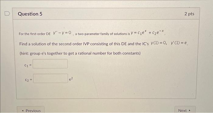 Solved For the first-order DE \\( y^{\\prime \\prime}-y=0 | Chegg.com