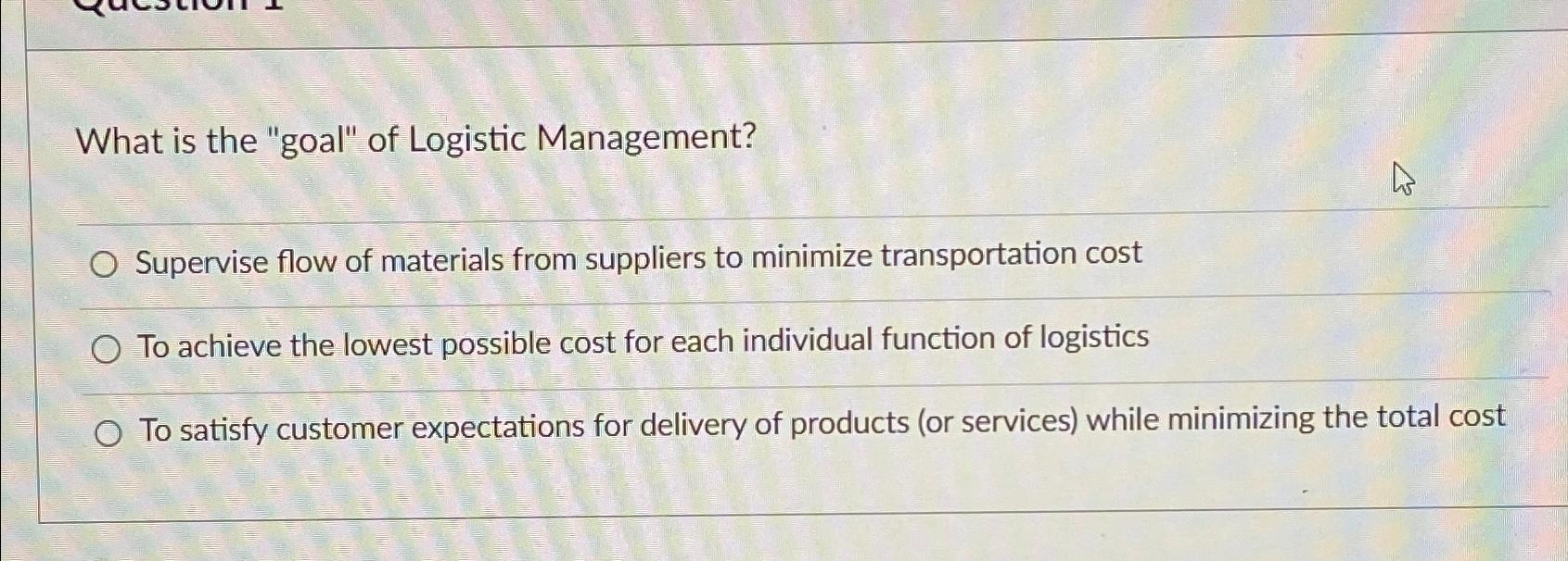 Solved What is the "goal" of Logistic Management?Supervise | Chegg.com
