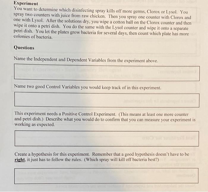 Solved Experiment You want to determine which disinfecting | Chegg.com