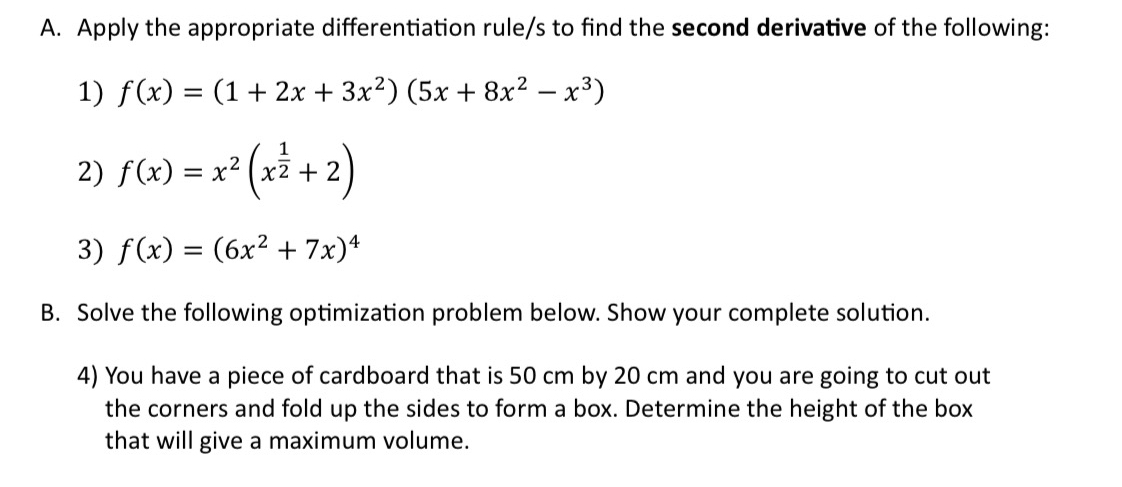 Solved A. ﻿Apply the appropriate differentiation rule/s to | Chegg.com