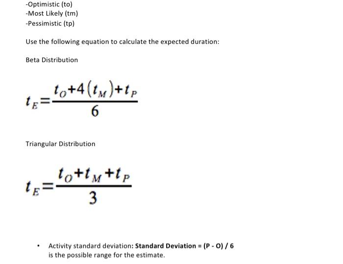 Solved -Optimistic (to) -Most Likely (tm) -Pessimistic (tp) | Chegg.com