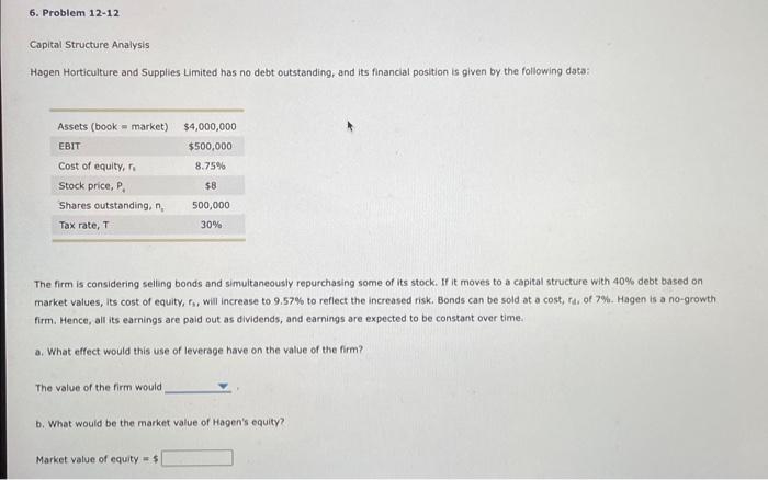 Solved Problem 12-12 ﻿c. ﻿The $500,000 ﻿EBIT given | Chegg.com