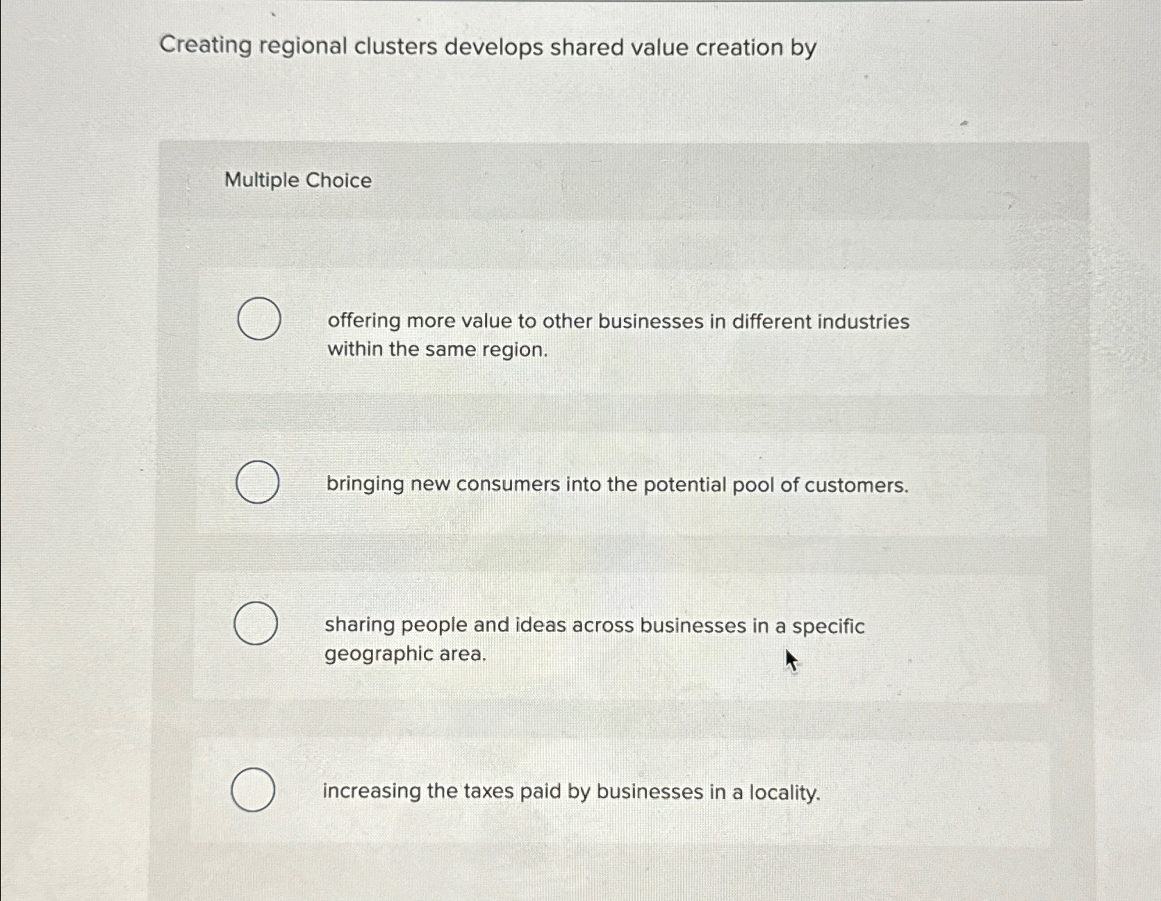 Solved Creating regional clusters develops shared value | Chegg.com
