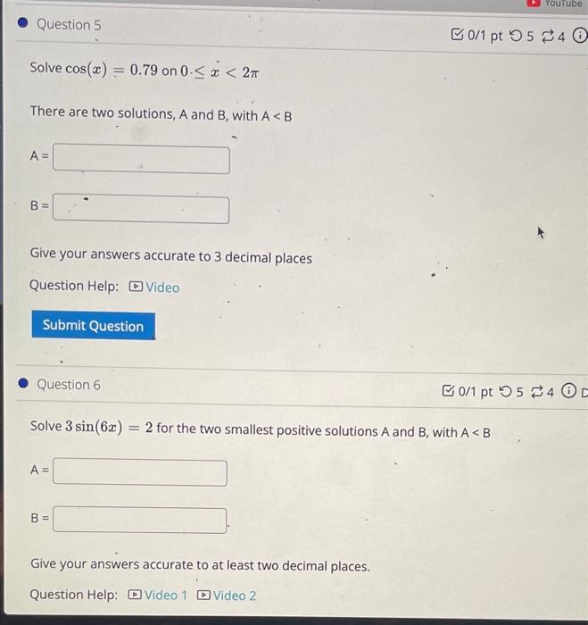 Solved Youtube Question 5 B0 1 Pt 55 24 Solve Cos X 0 79