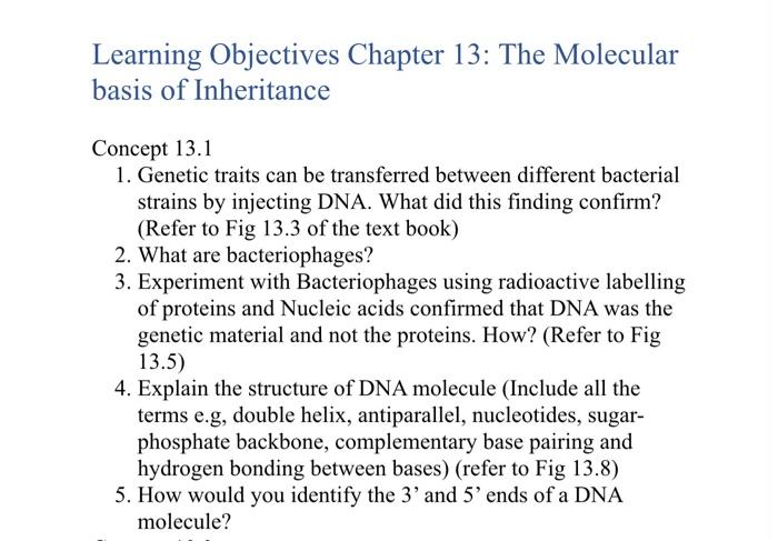 Solved Learning Objectives Chapter 13: The Molecular basis | Chegg.com