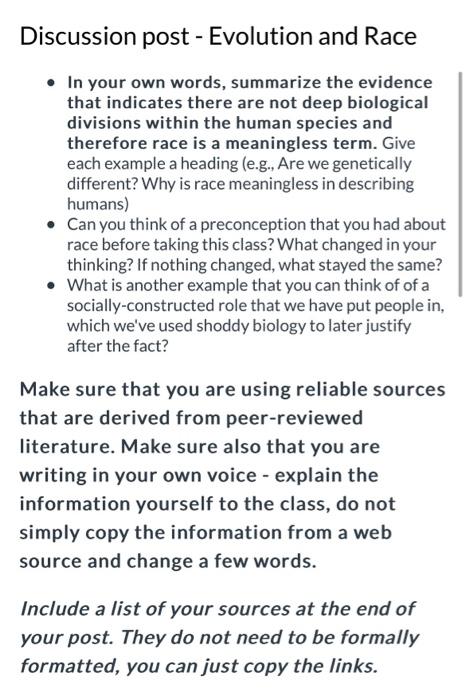 Solved Discussion post - Evolution and Race - In your own | Chegg.com