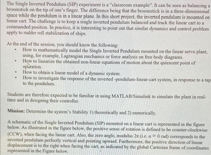 Solved . The Single Inverted Pendulum (SIP) experiment is a | Chegg.com