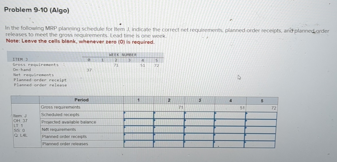 Solved Problem 9-10 (Algo)In the following MRP planning | Chegg.com