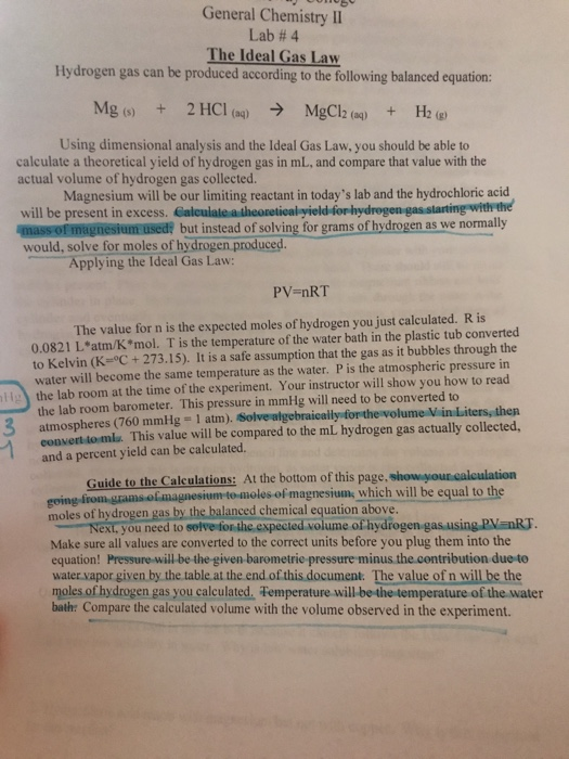 General Chemistry II Lab #4 The Ideal Gas Law | Chegg.com