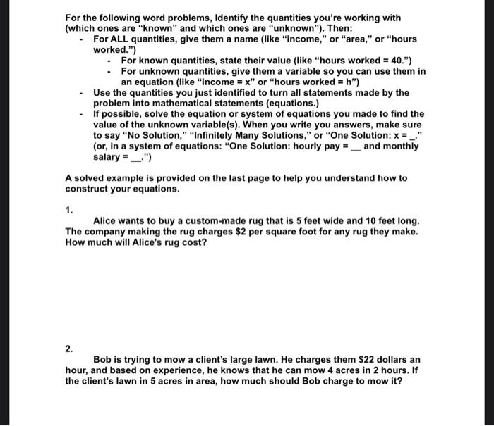 Solved For the following word problems, Identify the | Chegg.com