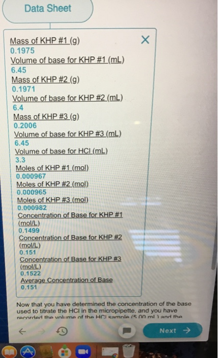 Data Sheet Mass of KHP #1 (9) 0.1975 Volume of base | Chegg.com