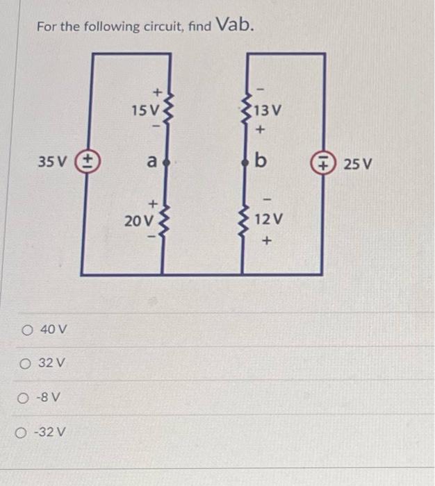Solved For the following circuit, find Vab. 40 V 32 V −8 V | Chegg.com
