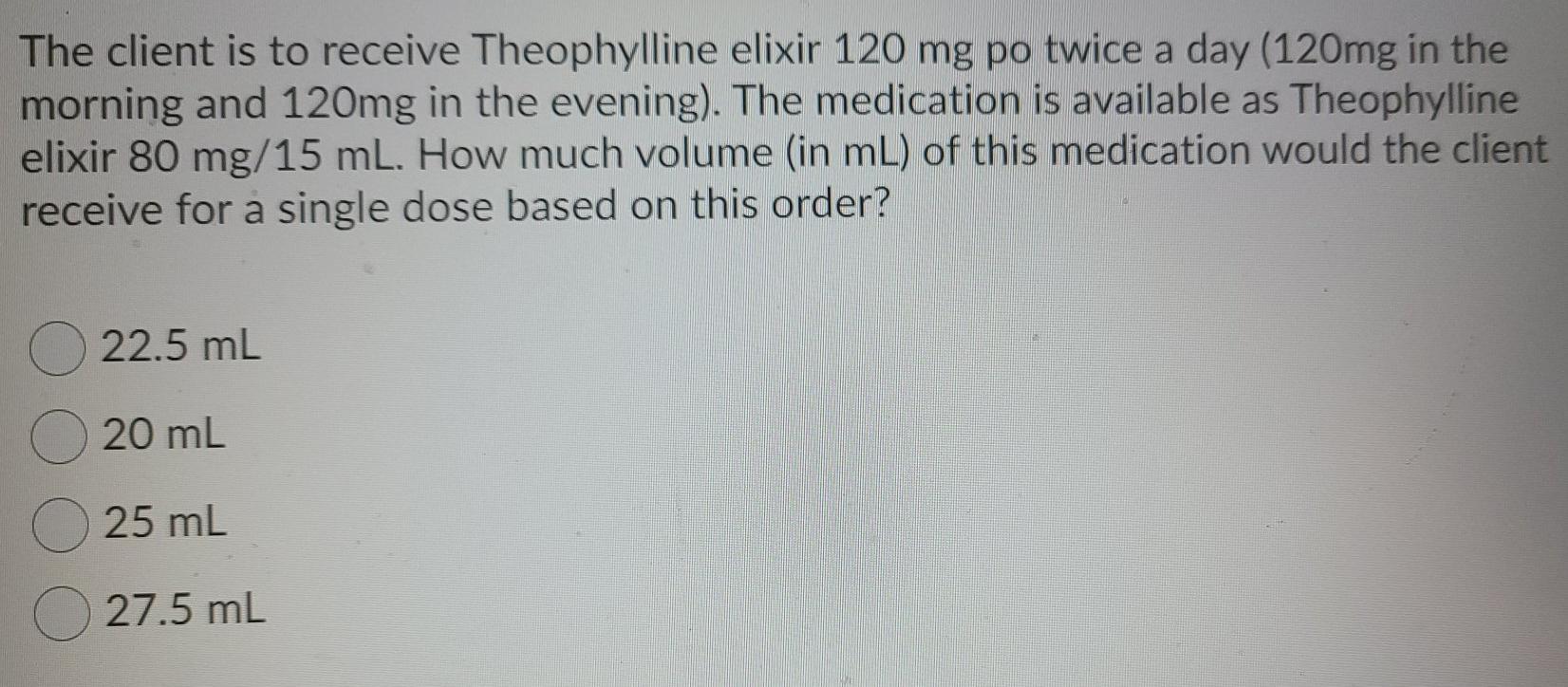 Solved The client is to receive Theophylline elixir 120 mg | Chegg.com