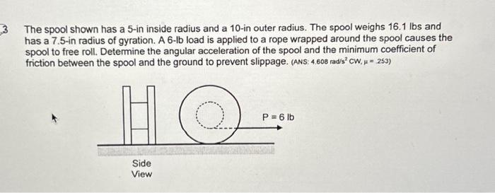 Solved The spool shown has a 5 -in inside radius and a 10 | Chegg.com