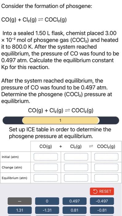 Solved Consider the formation of phosgene: CO(g)+Cl2( | Chegg.com