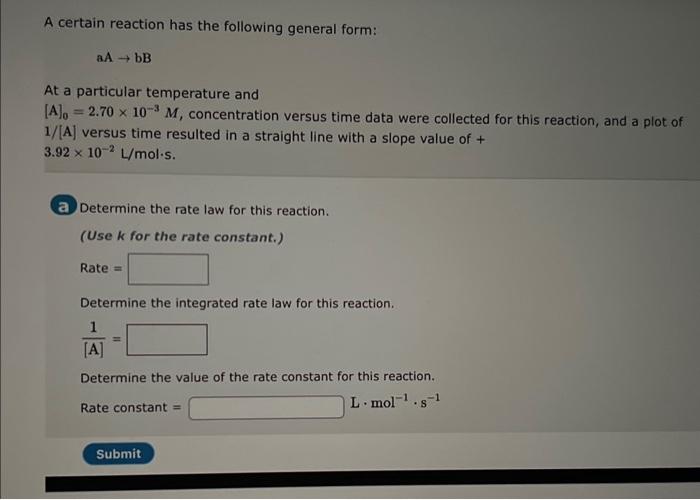 Solved A certain reaction has the following general form: | Chegg.com